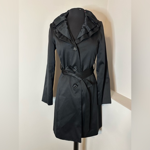 Tahari | Jackets & Coats | Tahari Black Satin Longline Ruffle Buttonup ...